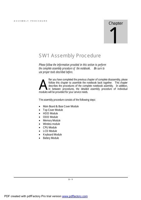 SW1 Assembly Procedure