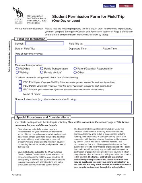 Student Permission Form for Field Trip - Poudre School District