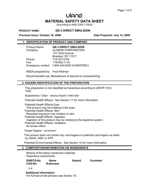 Material Safety Data Sheet (according to 91/155/EEC)