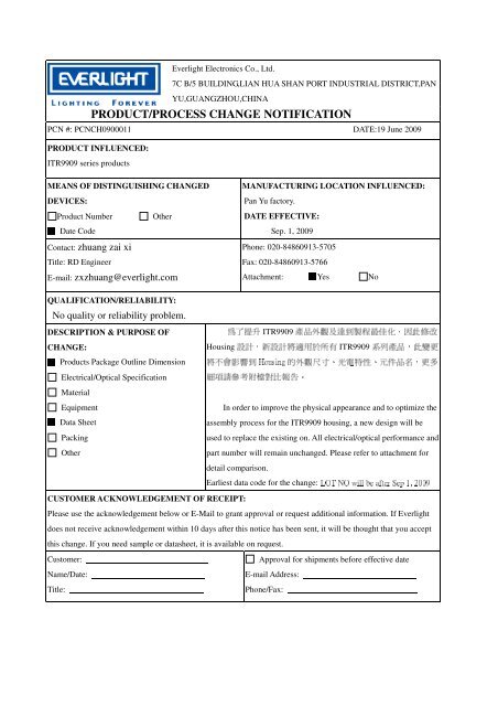 PRODUCT/PROCESS CHANGE NOTIFICATION - Everlight.com