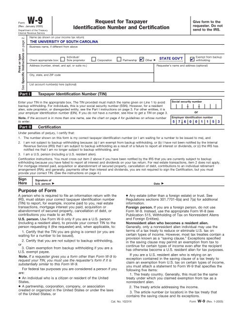 Form W-9 (Rev. January 2005) - University of South Carolina