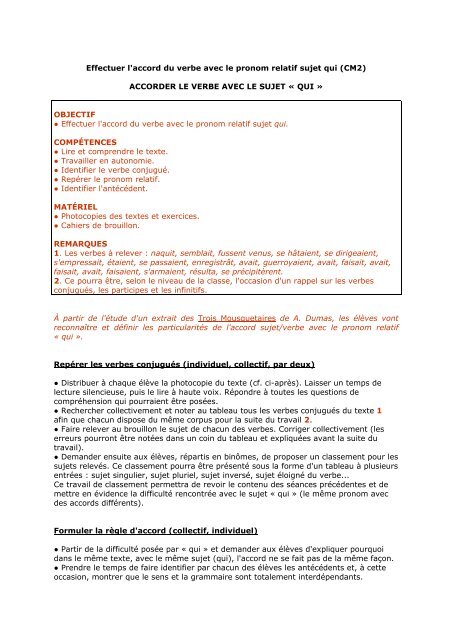 Effectuer l'accord du verbe avec le pronom relatif sujet qui (CM2 ...