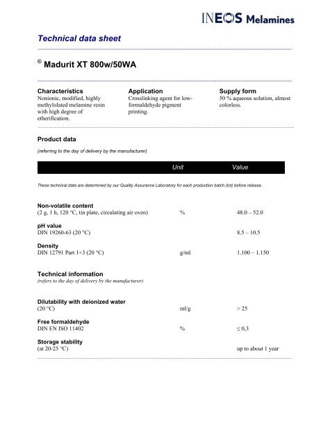 Technical data sheet Madurit XT 800w/50WA