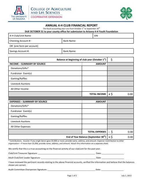 Annual 4-H Club Financial Report form