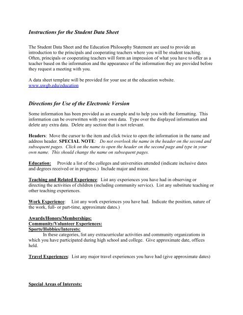 Instructions for the Student Data Sheet