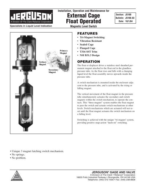 External Cage Float Operated Level Switch - Clark Reliance