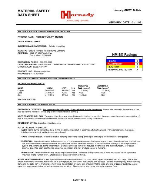 MATERIAL SAFETY DATA SHEET HMISÂ® Ratings - Hornady