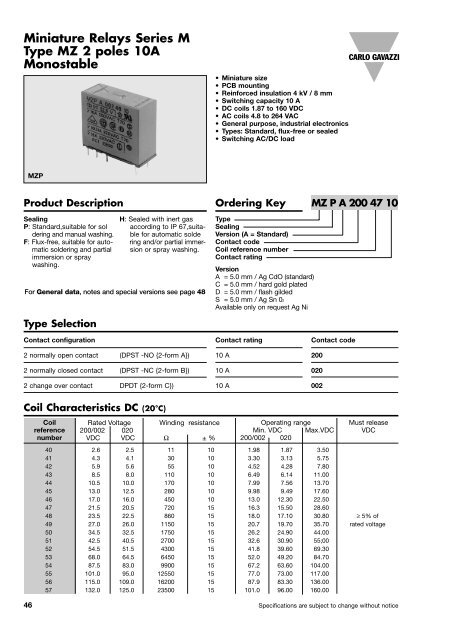 Miniature Relays Series M Type MZ 2 poles 10A ... - Elmatik AS