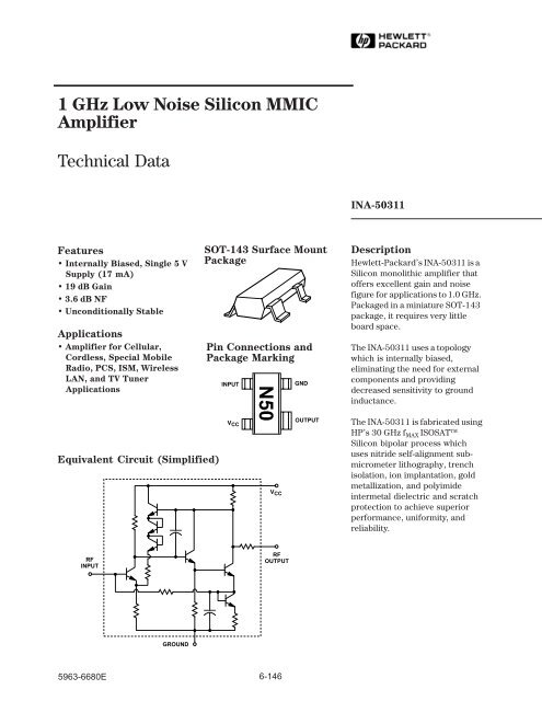INA-50311: 1 GHz Low Noise Silicon MMIC Amplifier