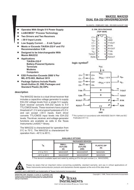 MAX232, MAX232I DUAL EIA-232 DRIVER/RECEIVER