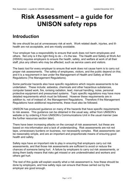 Risk Assessment - a guide for safety reps - Unison