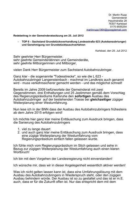 Sehr geehrter Herr BÃ¼rgermeister, sehr geehrte ... - Rupp AG