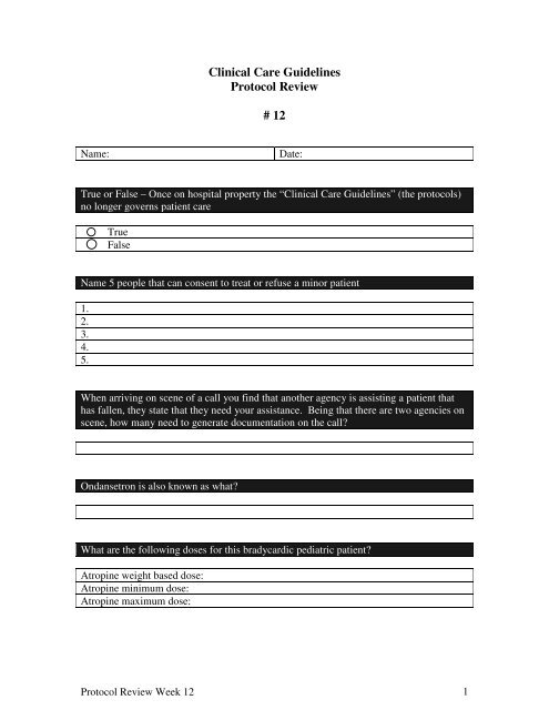 Clinical Care Guidelines Protocol Review 12 Lake Ems