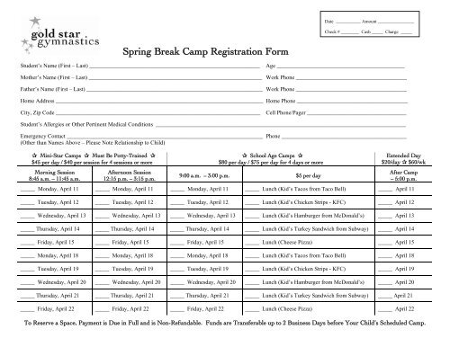Spring Break Camp Registration Form - Gold Star Gymnastics