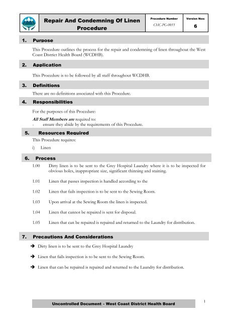 Repair And Condemning Of Linen Procedure - West Coast District ...