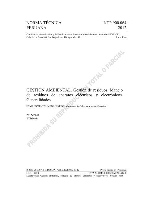 NORMA TÃ CNICA NTP 900.064 PERUANA 2012 GESTIÃ N ...