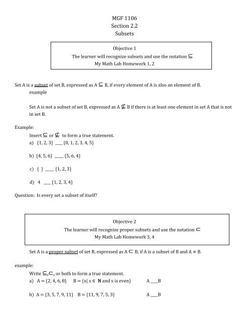 MGF 1106 Section 2.2 Subsets
