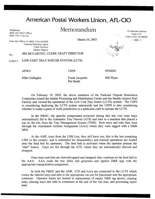 APWU, USPS, NPMHU; Memorandum, March 10, 2003