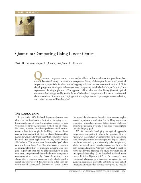 Quantum Computing Using Linear Optics - The Johns Hopkins ...