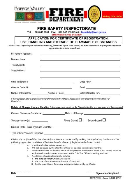 Application for Registration of Flammable Substances - De Doorns ...