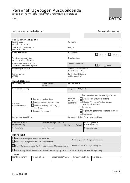 Personalfragebogen Auszubildende - Jaich und Vangerow Wirtschafts