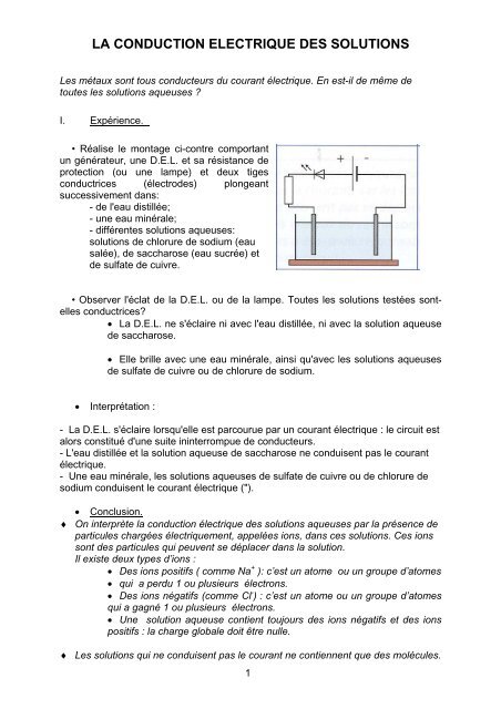 LA CONDUCTION ELECTRIQUE DES SOLUTIONS