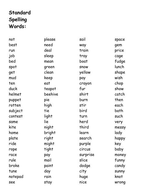 Standard Spelling Words:
