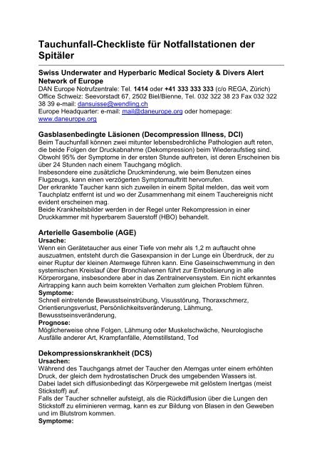 Tauchunfall-Checkliste fÃ¼r Notfallstationen der SpitÃ¤ler - Suhms
