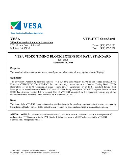VESA VIDEO TIMING BLOCK EXTENSION DATA STANDARD ...