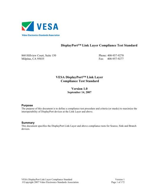 DisplayPort™ Link Layer Compliance Test Standard VESA ...