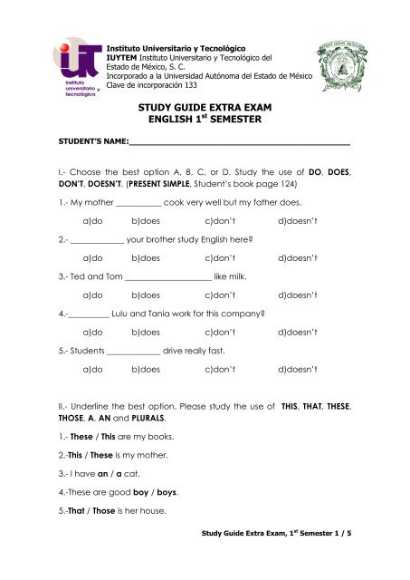 STUDY GUIDE EXTRA EXAM ENGLISH 1st SEMESTER - Instituto ...