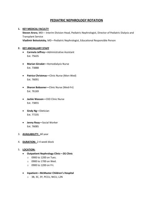 Nephrology Expectations - McMaster Pediatrics Residency Program
