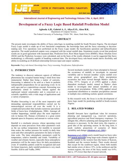 Development of a Fuzzy Logic Based Rainfall Prediction Model