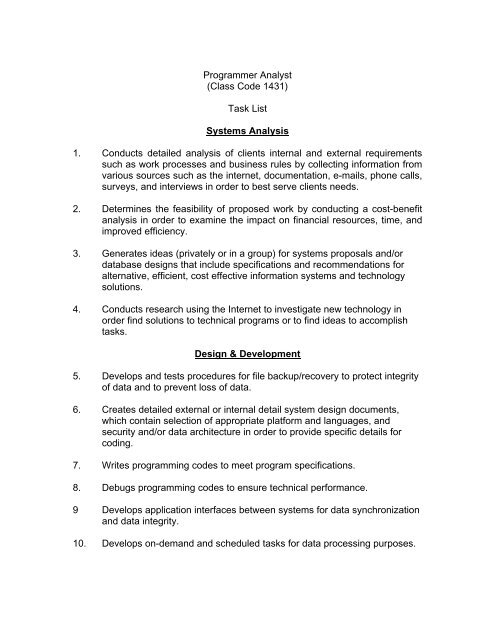 Programmer Analyst task list Final