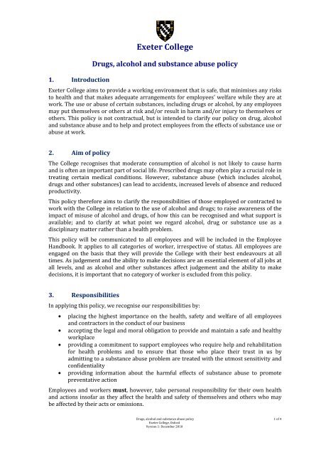 Drugs, alcohol and substance abuse policy - Exeter College