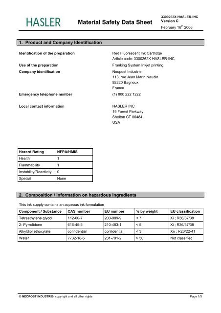 Material Safety Data Sheet - Hasler Inc.