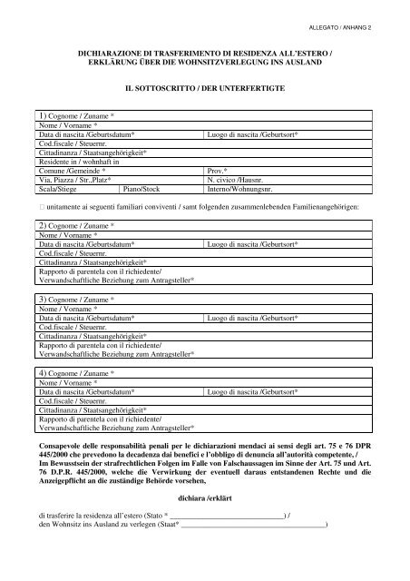 Dichiarazione di trasferimento di residenza all'estero
