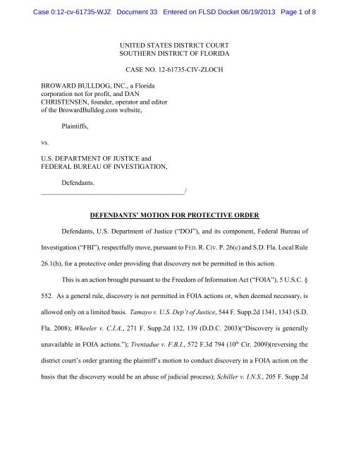 Defendants Motion for Protective Order - Broward Bulldog