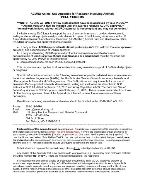 ACURO Animal Use Appendix for Research Involving Animals