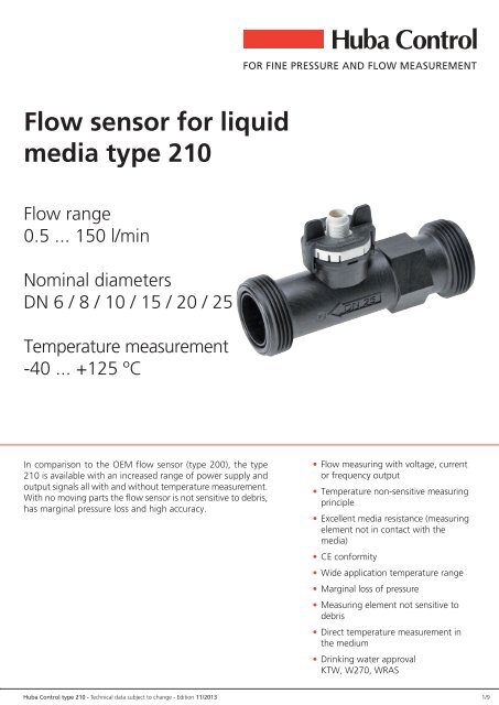 Flow sensor for liquid media type 210