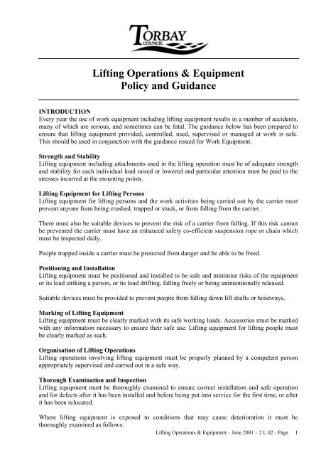 Lifting Operations & Equipment Policy and Guidance