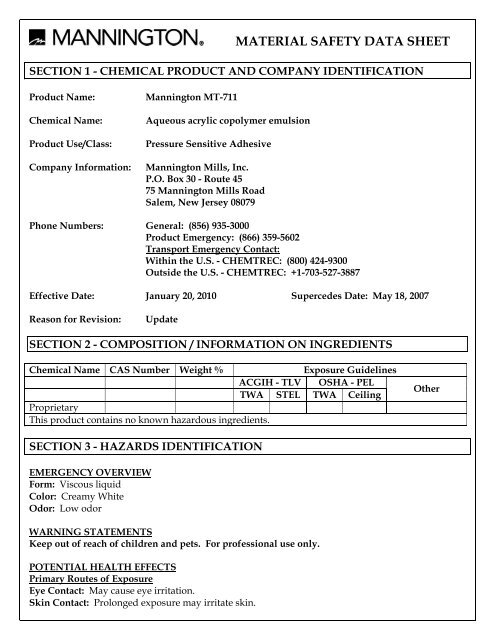 MATERIAL SAFETY DATA SHEET - Mannington