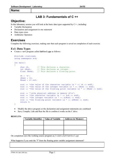 Name: LAB 3: Fundamentals of C ++ Objective: Exercises