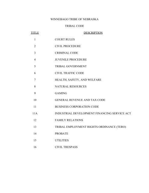 winnebago tribe of nebraska tribal code title description 1 court rules ...