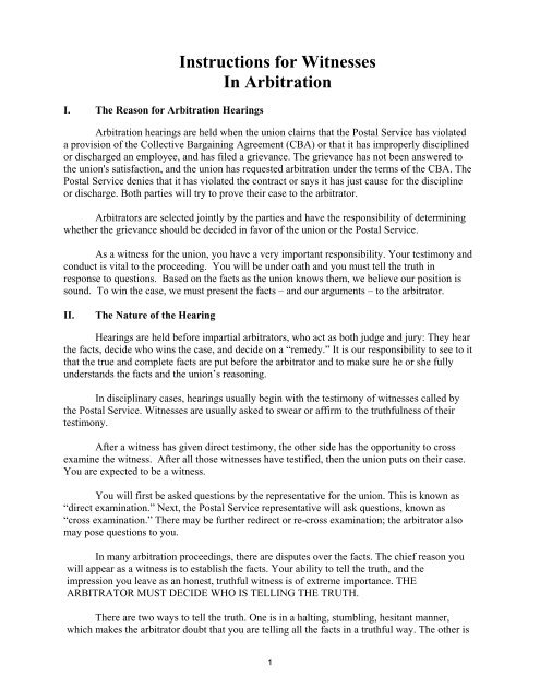 Instructions for Witnesses In Arbitration - APWU