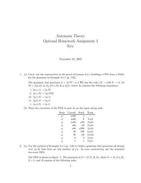Automata Theory Optional Homework Assignment 3 Key Automata Theory Optional Homework Assignment 3 Key