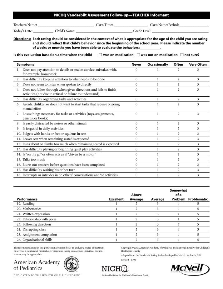 Nichq vanderbilt assessment scale teacher informant - retygh