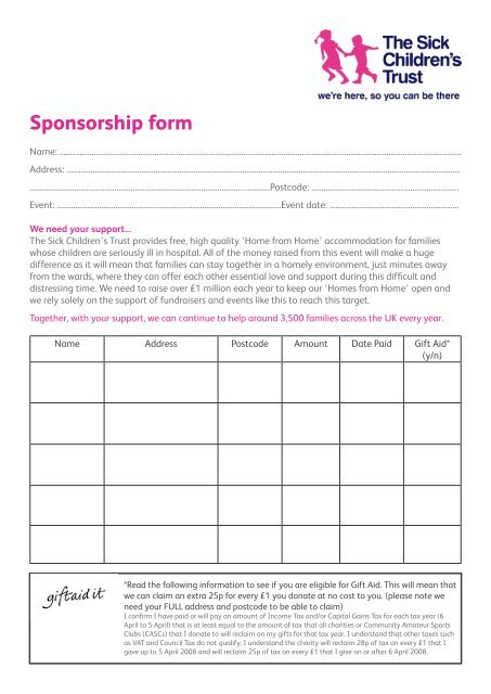 Sponsorship form - The Sick Children's Trust
