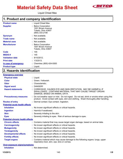 145 - Liquid Chisel Max MSDS English (Canada) - Betco Corporation