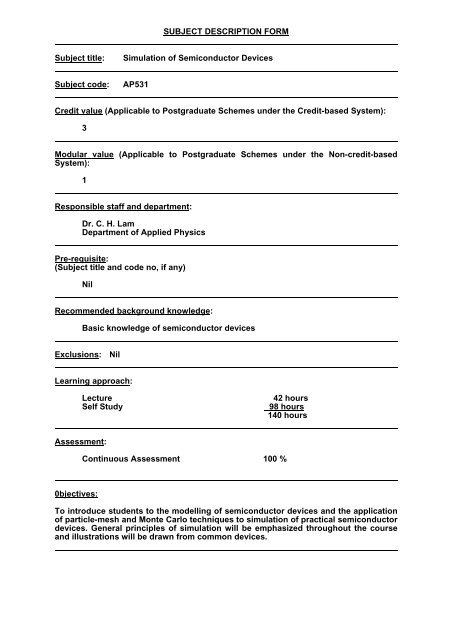 SUBJECT DESCRIPTION FORM - Department of Applied Physics